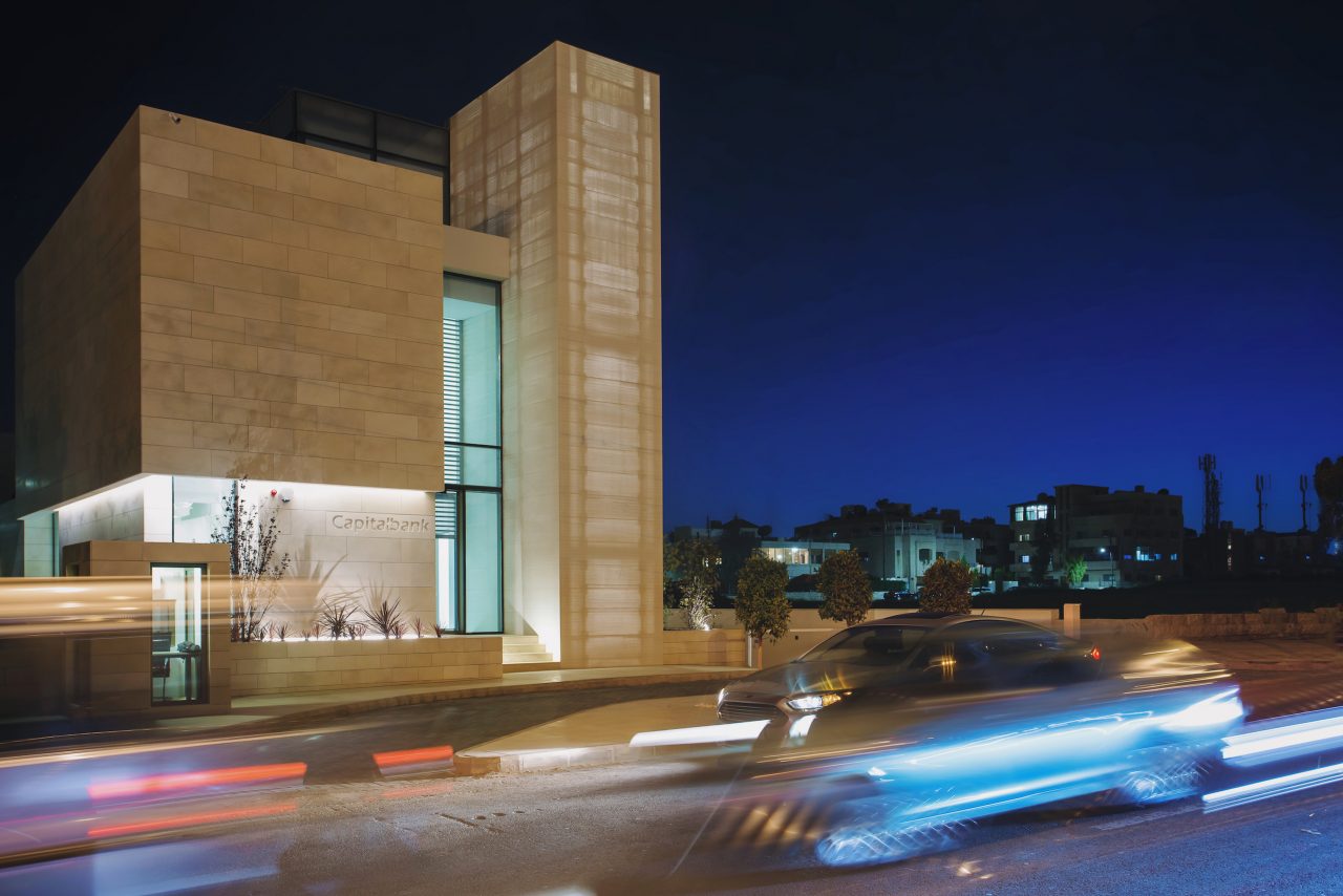 Capital Bank Amman, Jordan with illuminated cuboids – Lucem GmbH